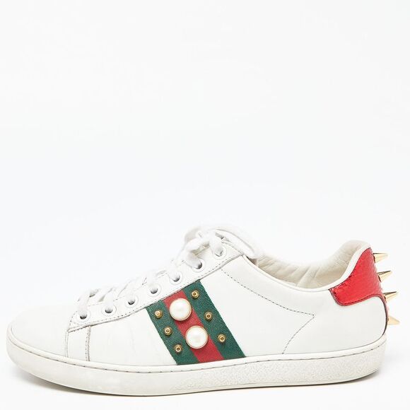 Gucci | Shoes | Gucci White Leather Faux Pearl And Spikes Embellished ...
